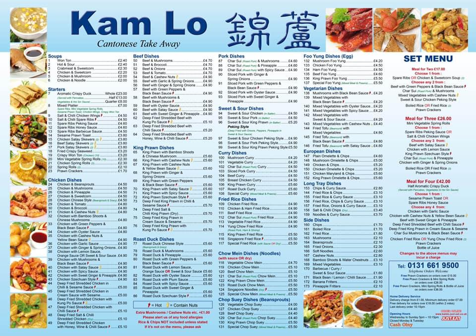 Menu at Kam Lo fast food, Edinburgh