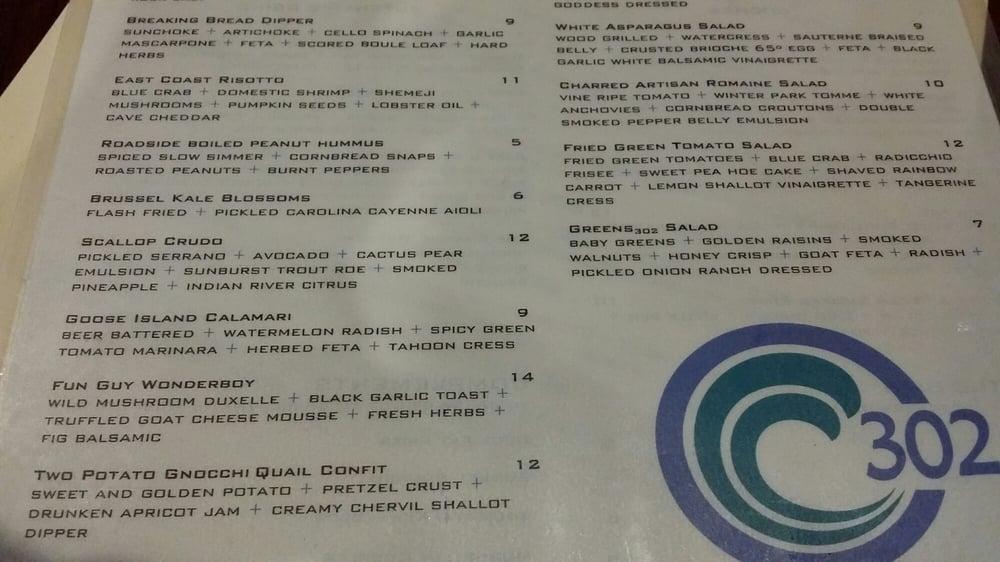 Menu at Ocean 302 steakhouse, Melbourne Beach