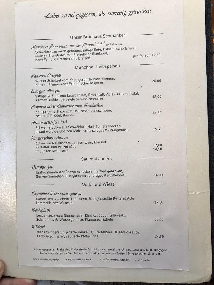 Menu au Paulaner Bräuhaus pub et bar, Munich