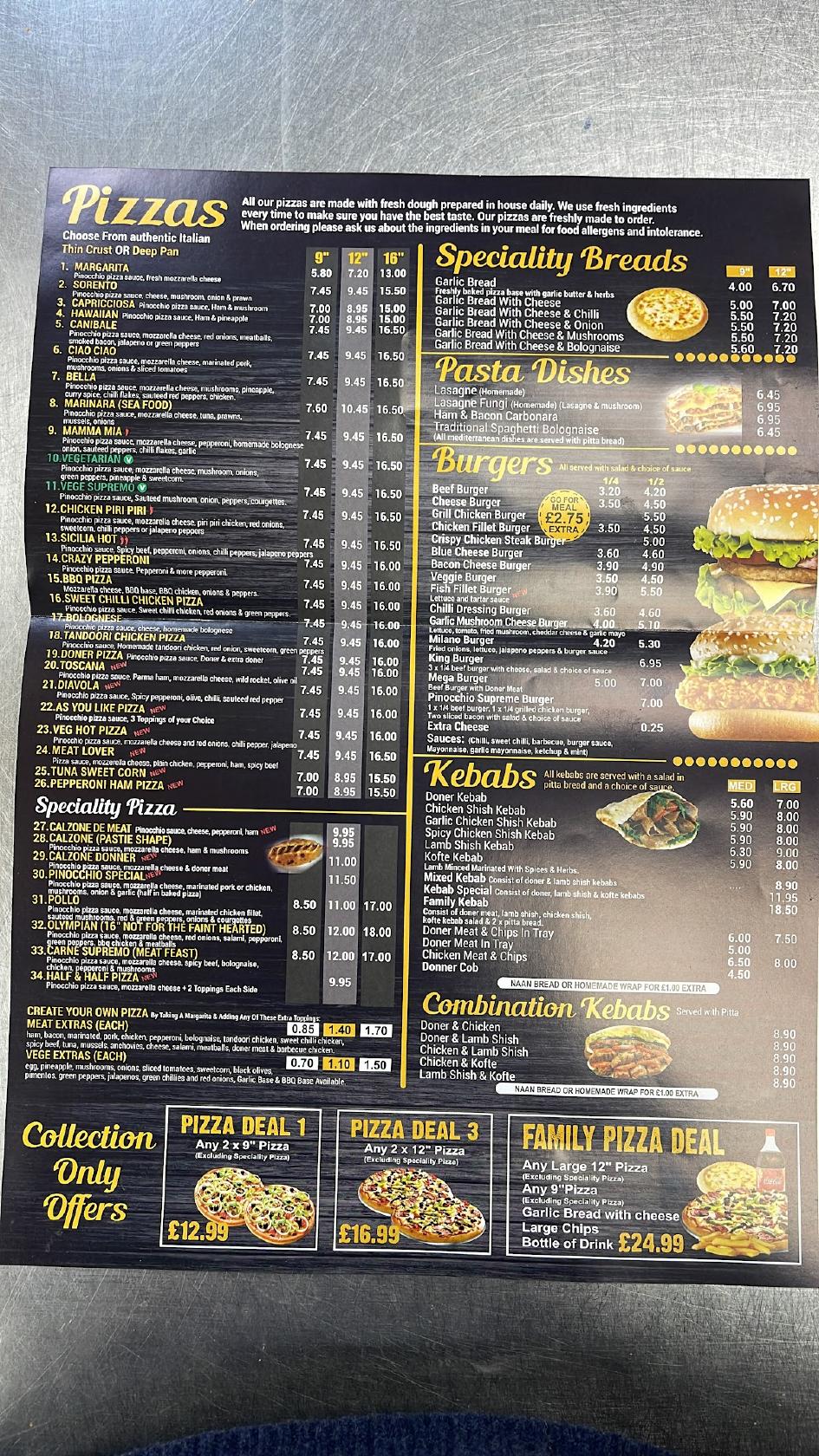 Menu at Pinocchio Pizzas pizzeria, Atherstone