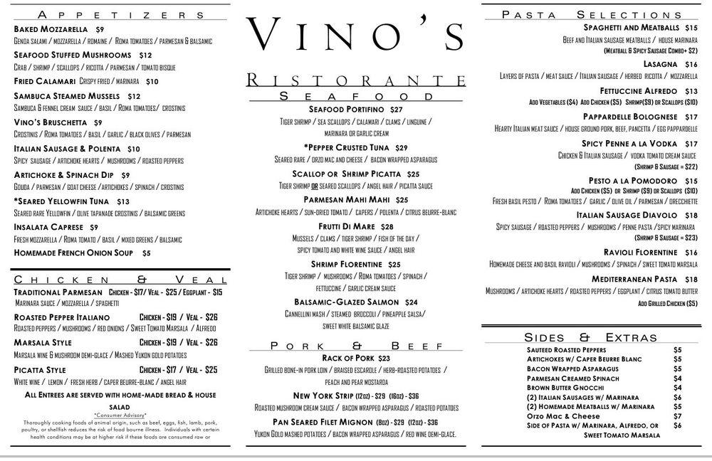Menu at Vino's Ristorante restaurant, Cedar Rapids