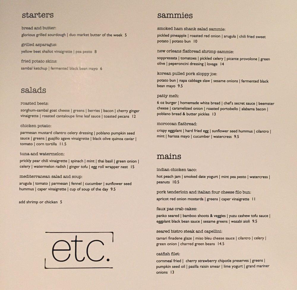 Menu at etc. restaurant, Nashville