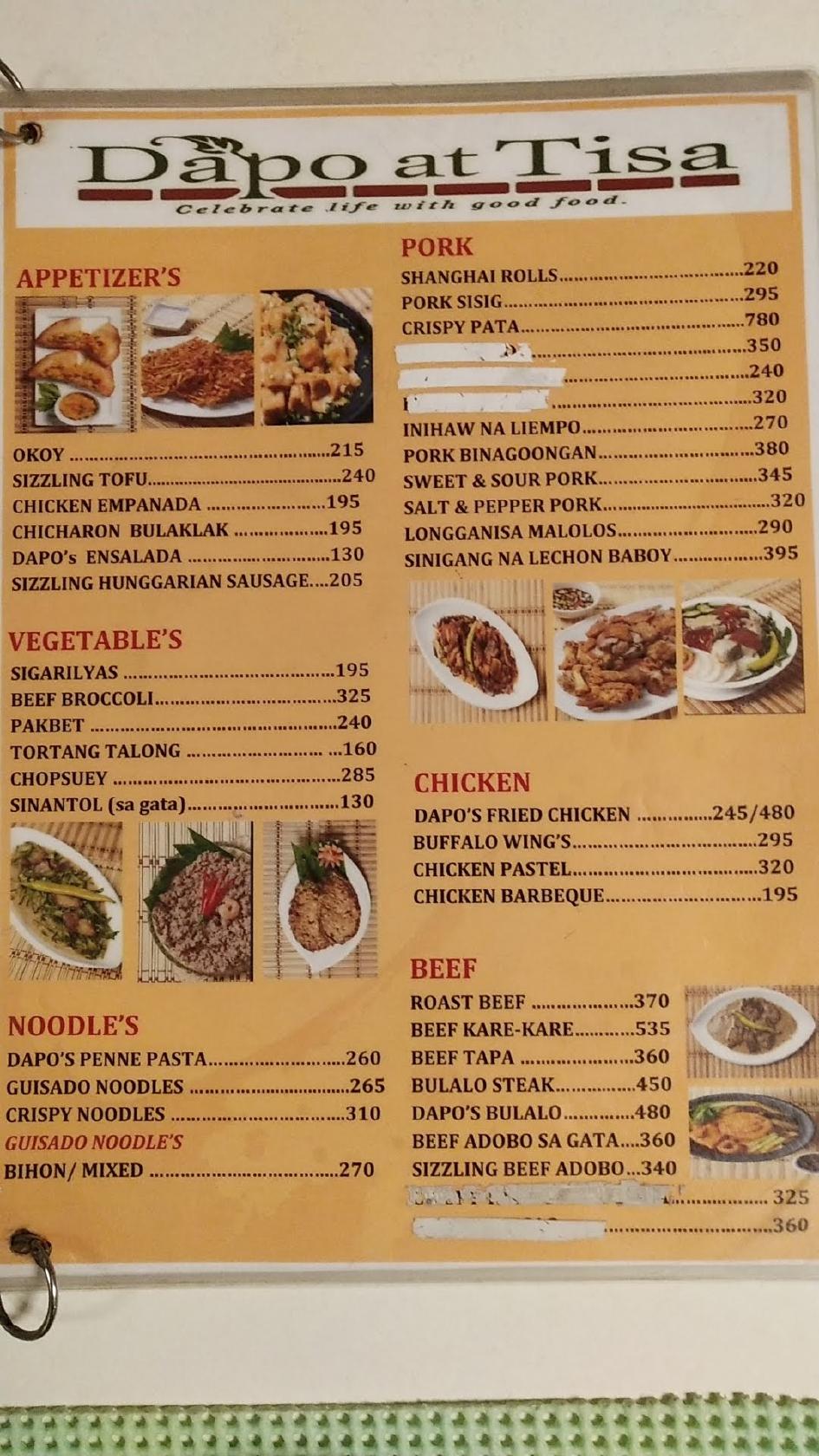 Menu at Dapo at Tisa restaurant, Quezon City, 59 Regalado Ave
