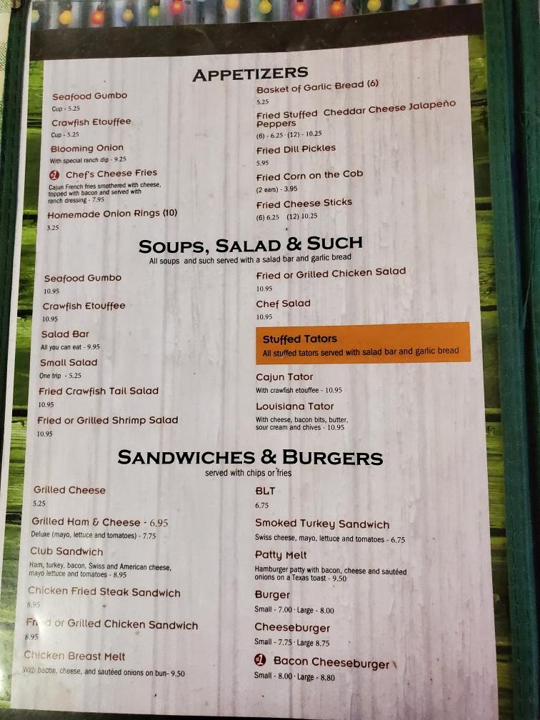 Menu at Fisherman's Galley restaurant, USA, Texas Hwy