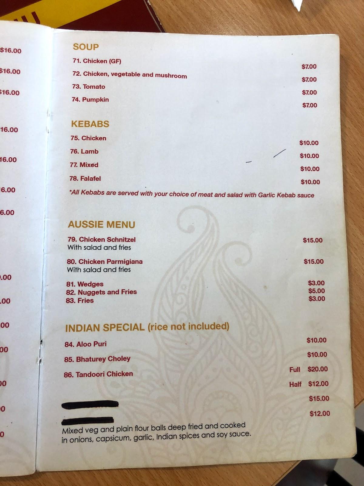 Menu at Kebab n Curry Hut restaurant, Swan Hill