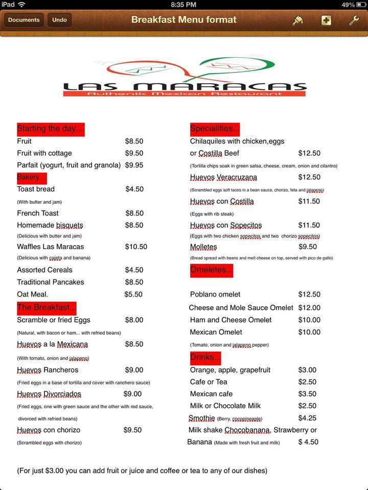 Menu at Las Maracas restaurant, Okotoks