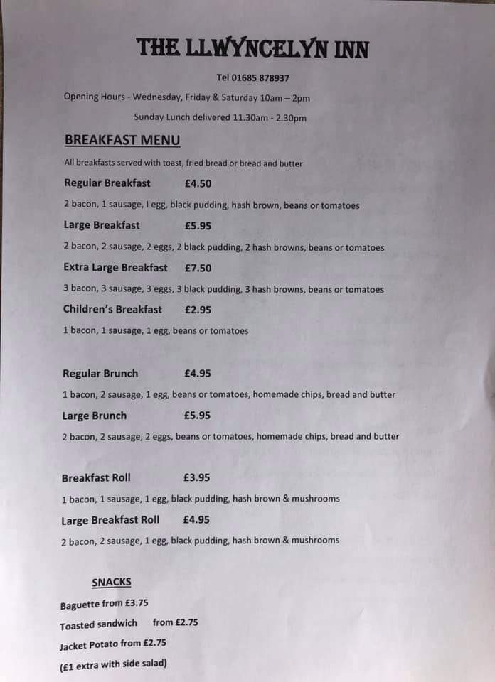 Menu at The Llwyncelyn Inn pub & bar, Aberdare