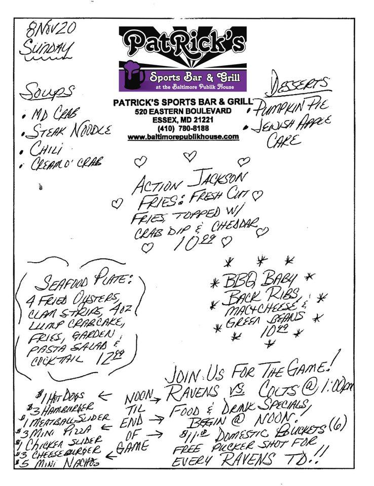 Menu at Patrick's Sports Bar & Grill, Essex
