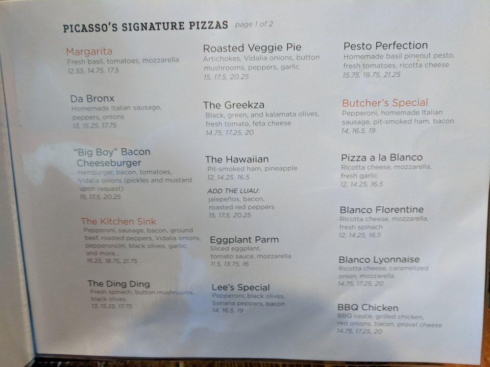 Menu at Picasso's pub & bar, Jacksonville