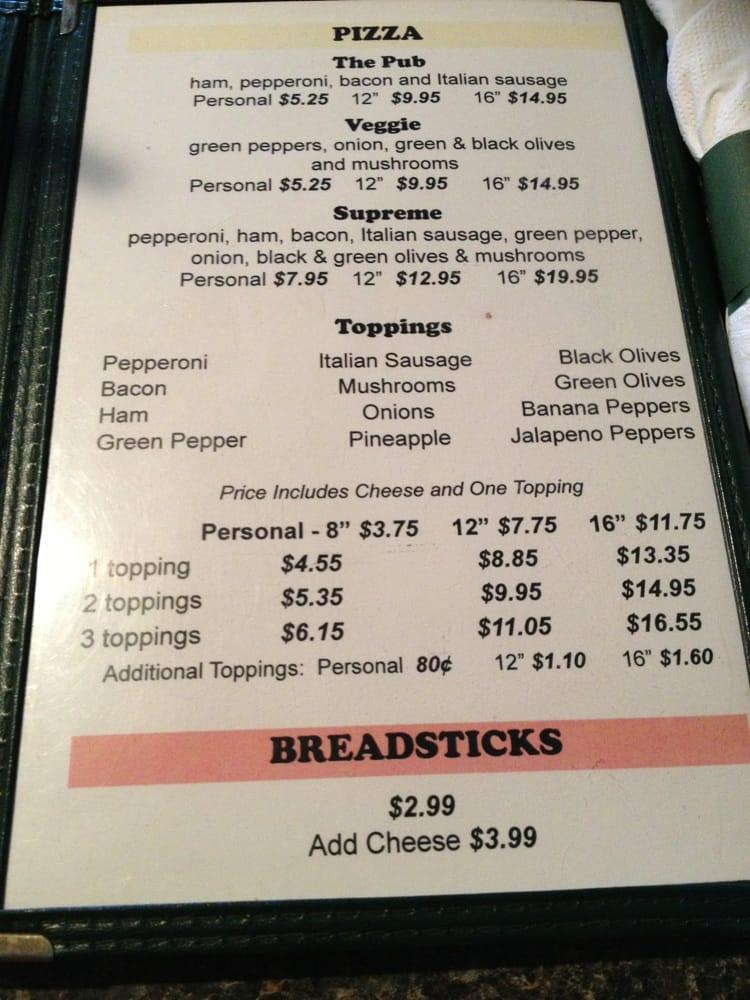Menu at Piper's Pub, Gladwin