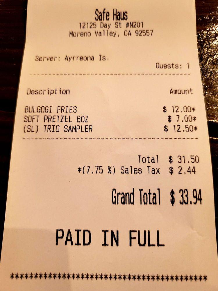 Menu at Safe Haus Craft Beer & Kitchen restaurant, Moreno Valley