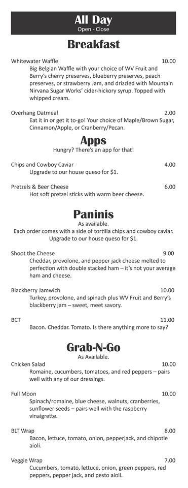 Menu at The Joe cafe, Fairmont