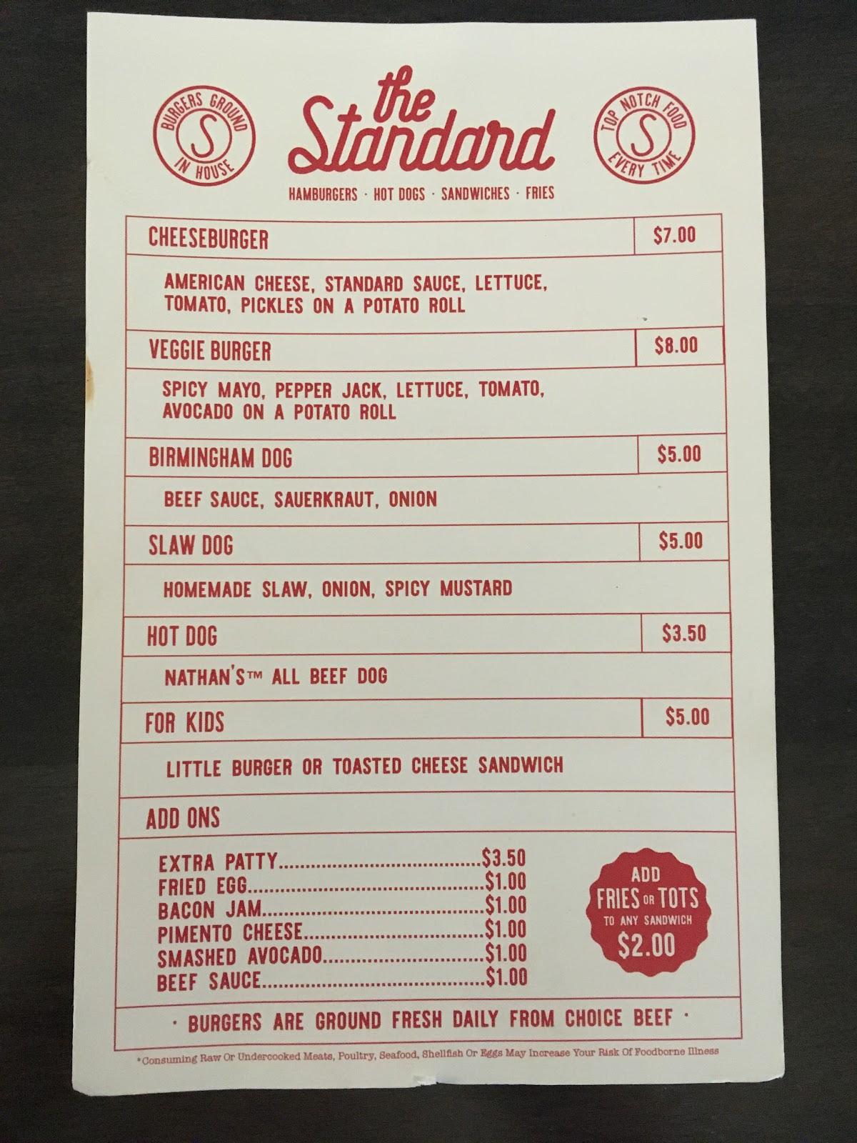 Menu at The Standard restaurant, Birmingham