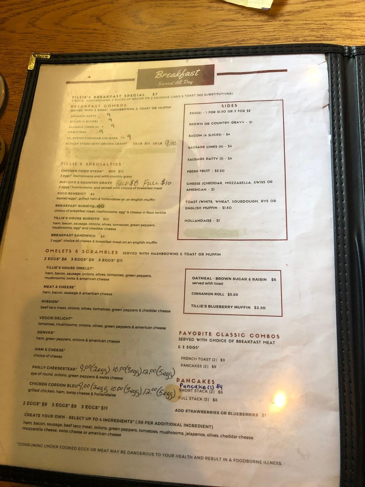 Menu at Tillie's LLC restaurant, Anaconda