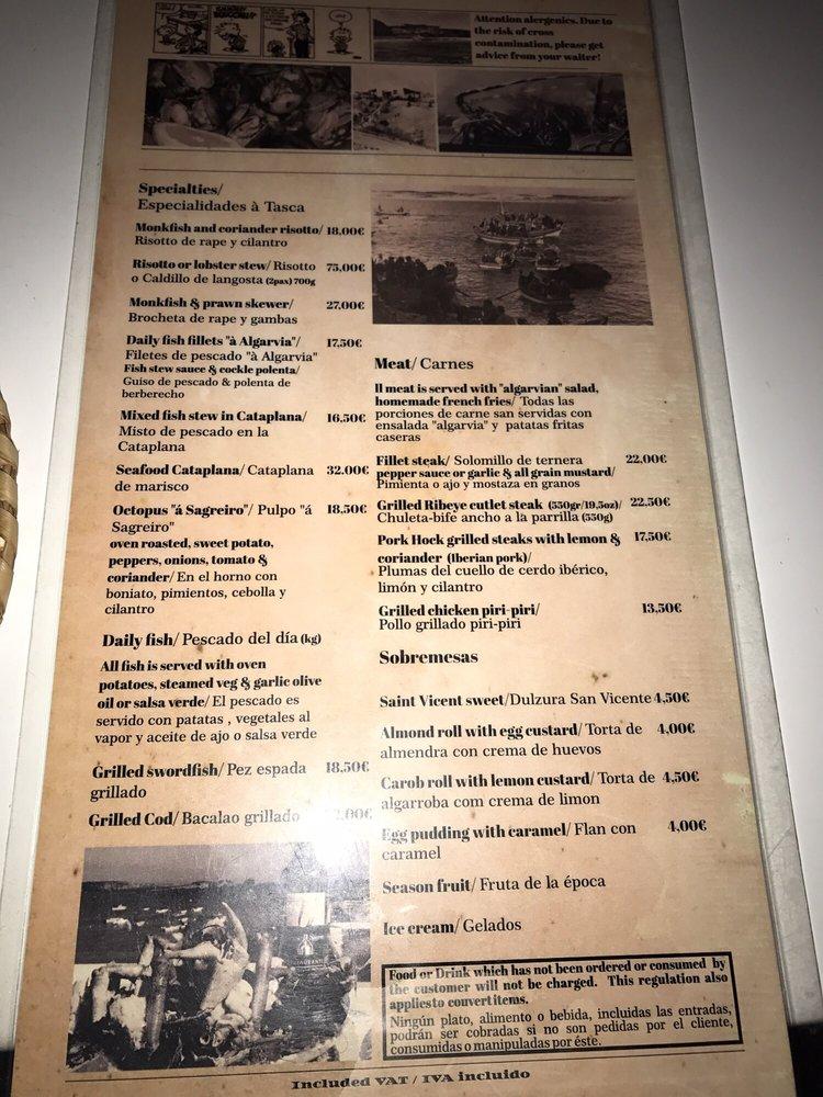 Menu at Tasca Sagres restaurant, Sagres