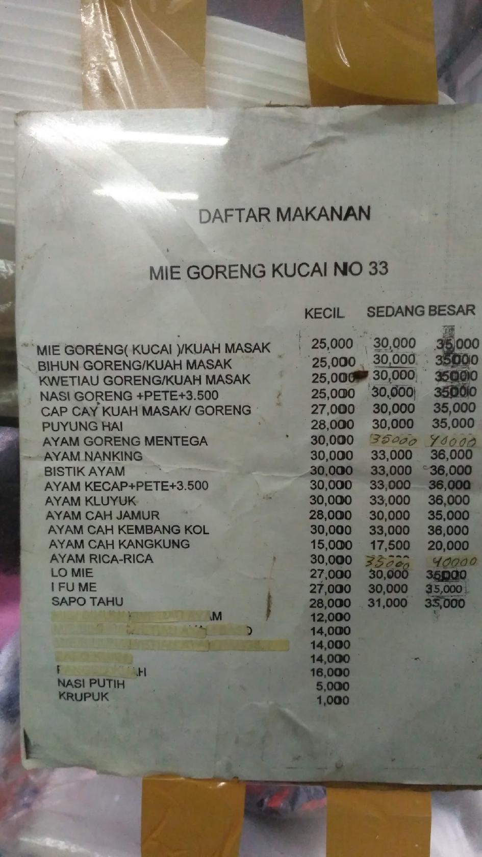 Menu at BAKMIE GORENG KUCAI 33 restaurant, Central Jakarta