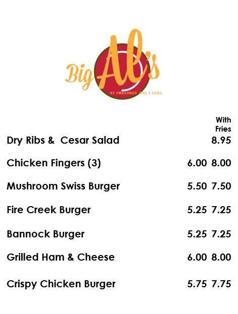 Menu at Big Al's Restaurant, Martensville