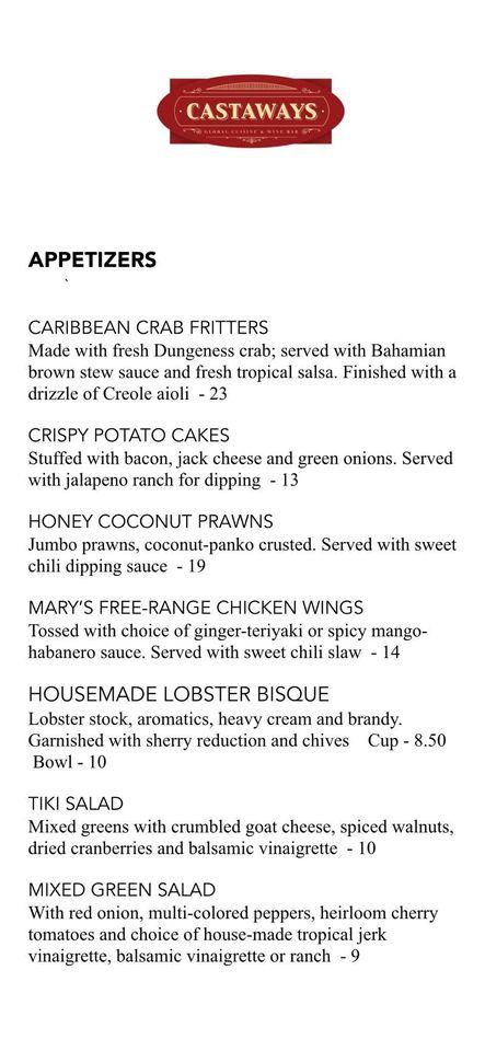 Menu at Castaways Global Cuisine restaurant, Cannon Beach