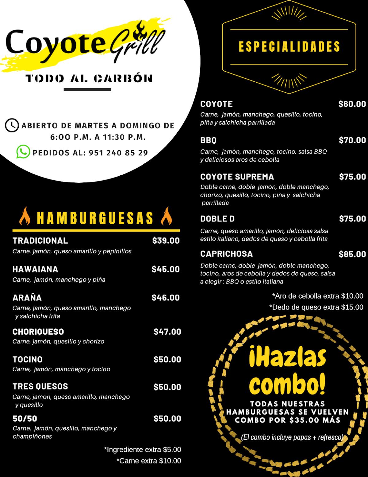 Carta de cafetería Coyote Grill Oaxaca, Huajuapan