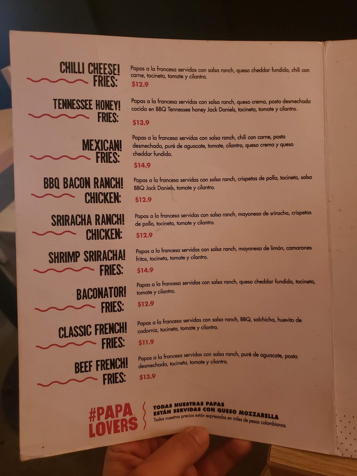 Menu at Fries Papa Lovers restaurant, Envigado