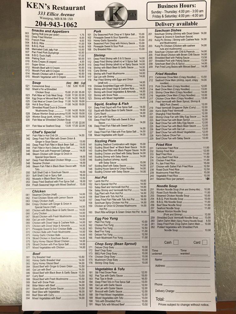 Menu at Ken's Restaurant, Winnipeg