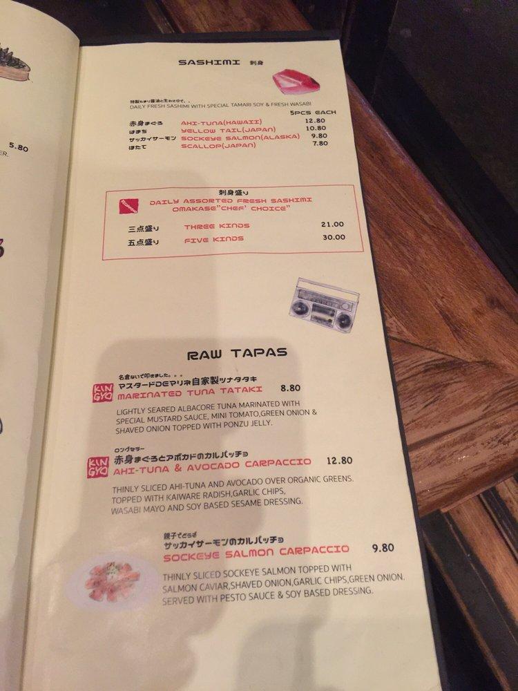 Menu at Kingyo restaurant, Vancouver