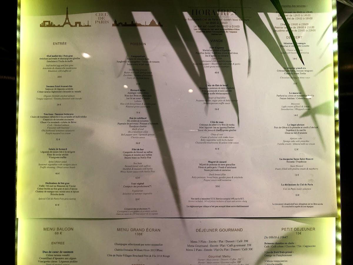 Carta de Le Ciel de Paris Restaurant, Paris, Tour Maine Montparnasse