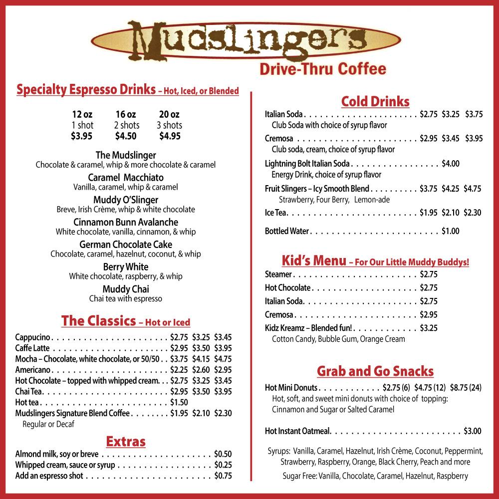Menu at Mudslingers Drive-Thru Coffee pub & bar, San Antonio