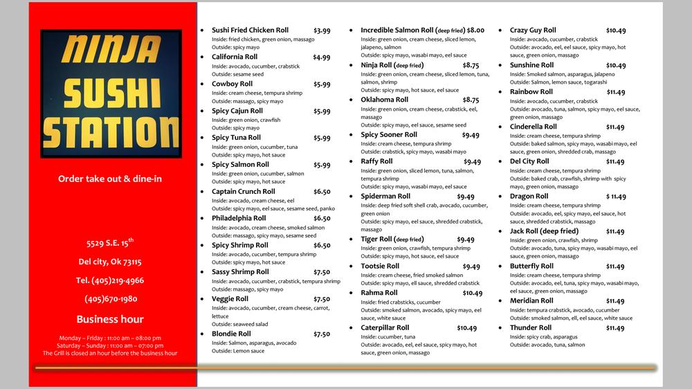 Menu at Ninja Sushi restaurant, Del City, SE 15th St