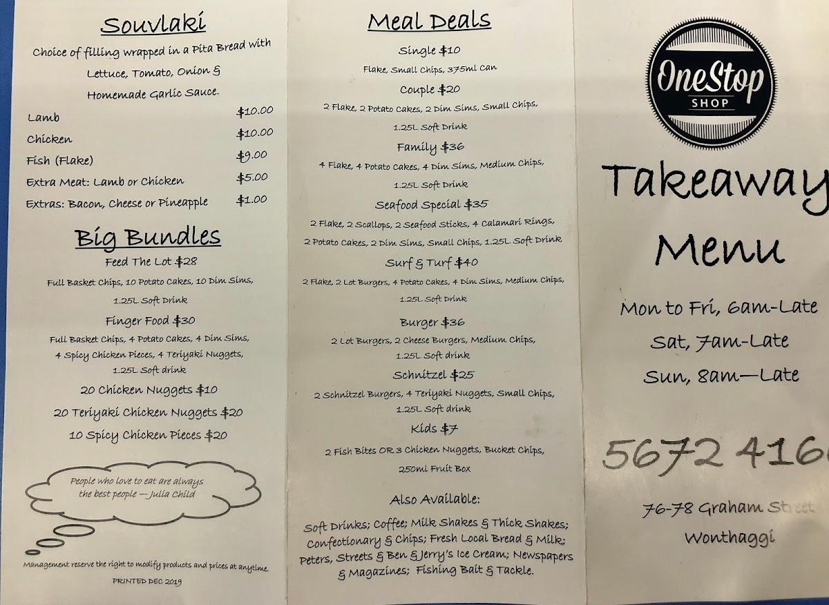 Menu at One Stop Shop fast food, Wonthaggi