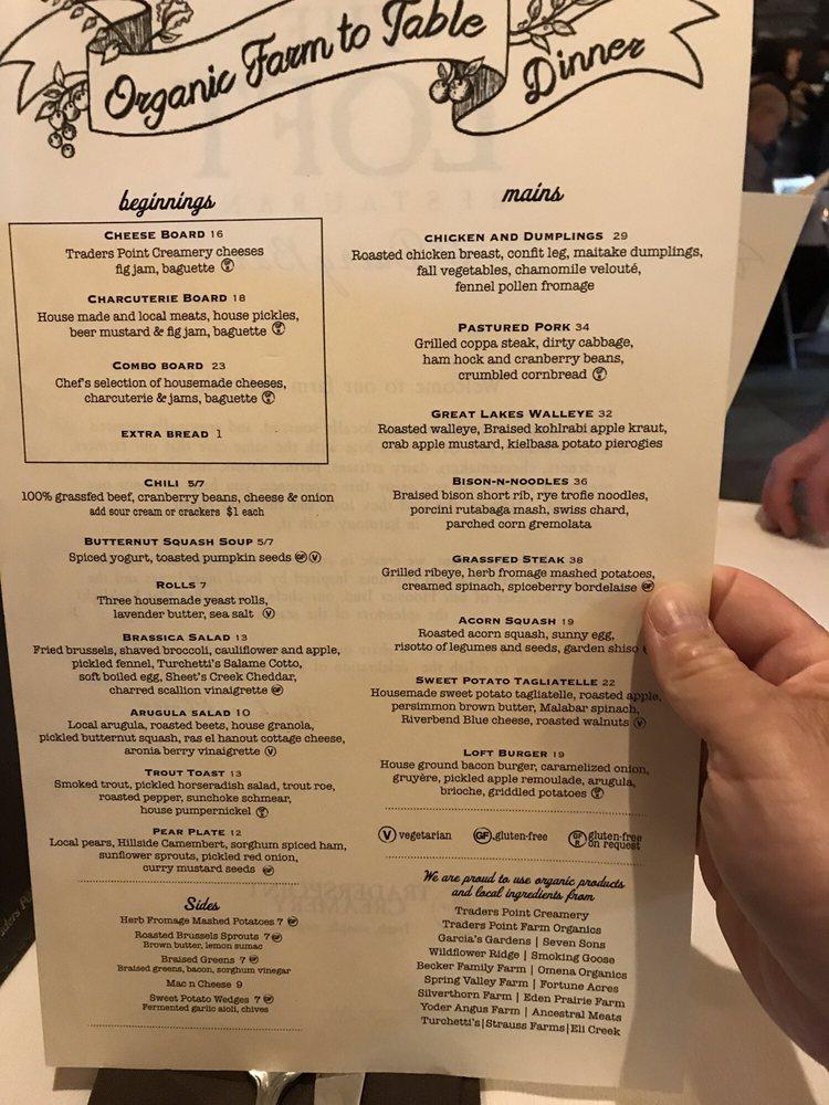 Menu at The Loft Restaurant, Zionsville
