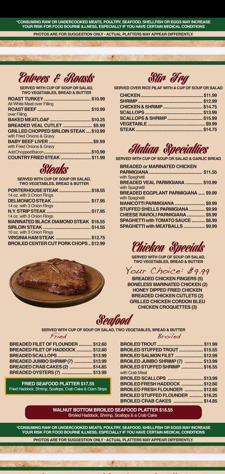 Menu at Walnut Bottom Diner restaurant, Carlisle