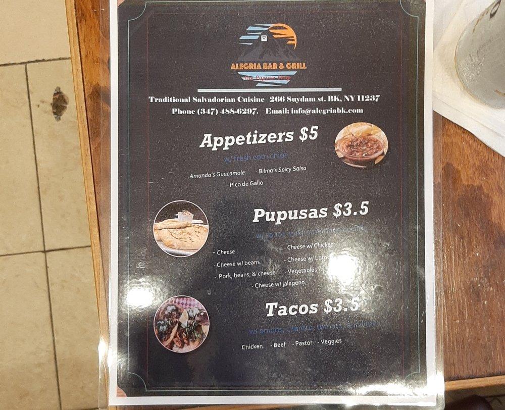 Menu at Alegria Bar and Grill, New York City, 266 Suydam St