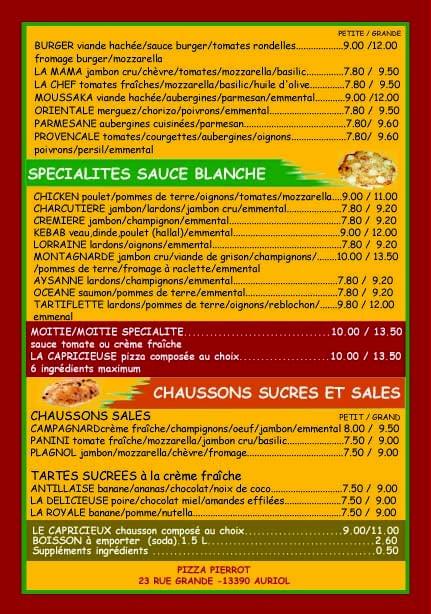 Menu at Pizza Pierrot pizzeria, Auriol