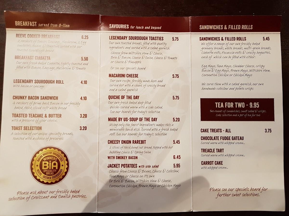 Menu at Reeve The Baker cafe, Salisbury, 2 Butcher Row
