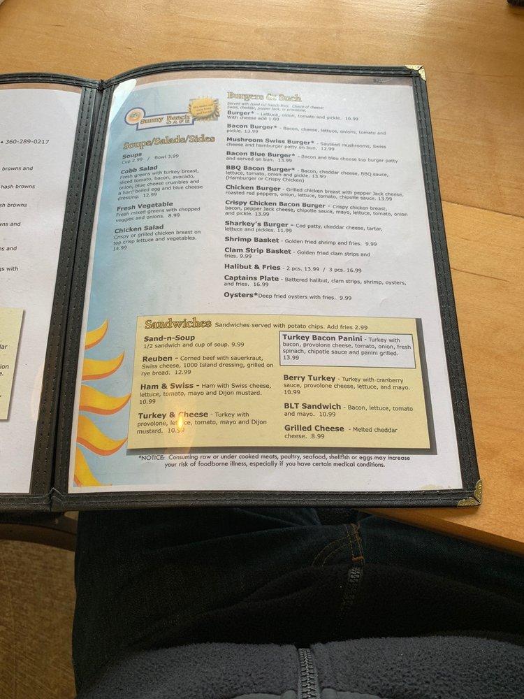 Menu at Sunny Beach Cafe, Ocean Shores