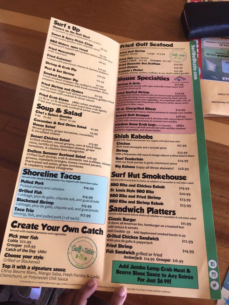 Menu at Surf Hut restaurant, Destin