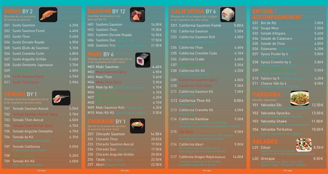 Menu at Sushi Kô restaurant, Menton