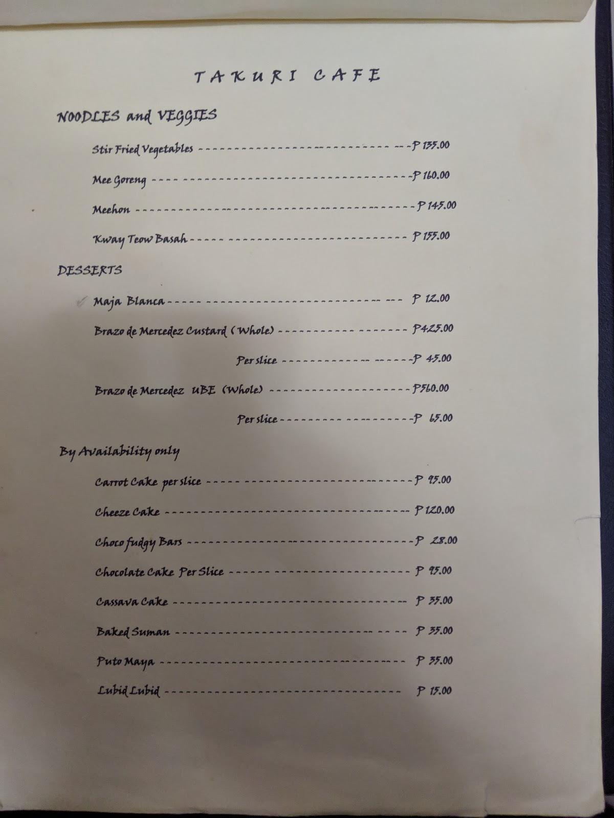 Menu at Takuri Cafe, Iloilo City
