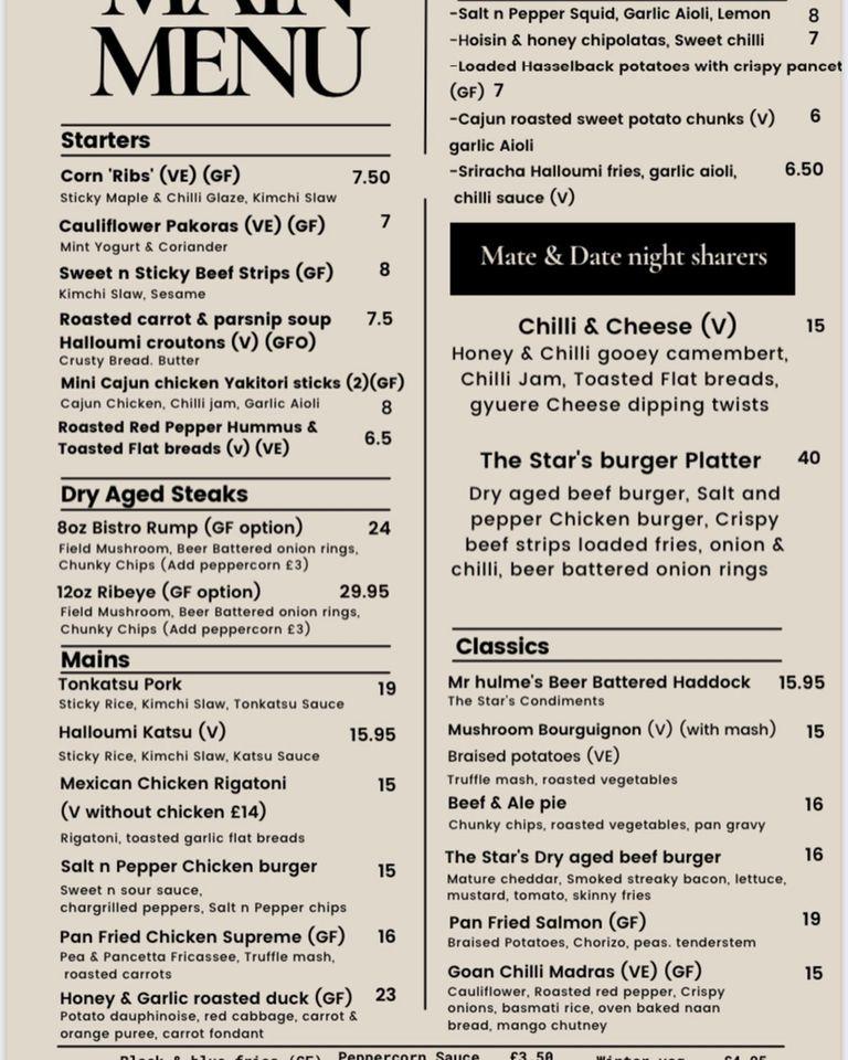 Menu at The Star at Cotton pub & bar, Oakamoor