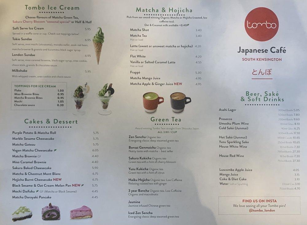 Menu at Tombo Japanese Cafe, London, 29 Thurloe Pl