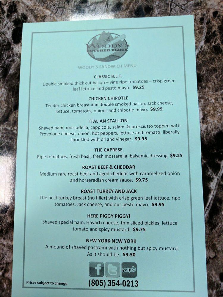 Menu at Woody's Butcher Block restaurant, Santa Maria
