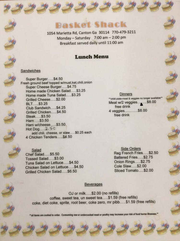 Menu at Basket Shack restaurant, Canton