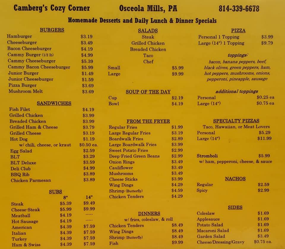 Menu at Camberg's Cozy Corner restaurant, Osceola Mills