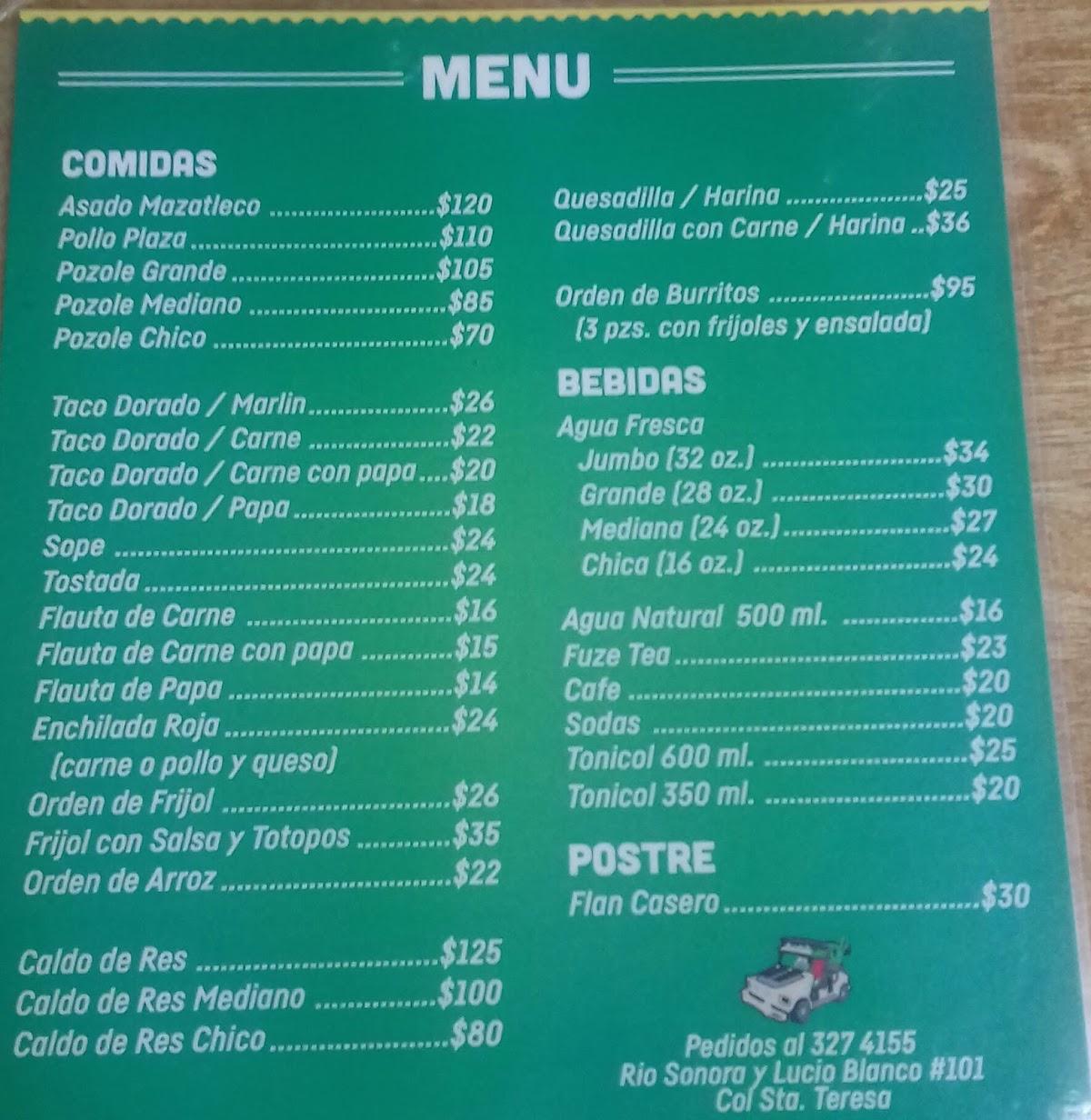 Menu at Cenaduria Mazatlán restaurant, Mexicali