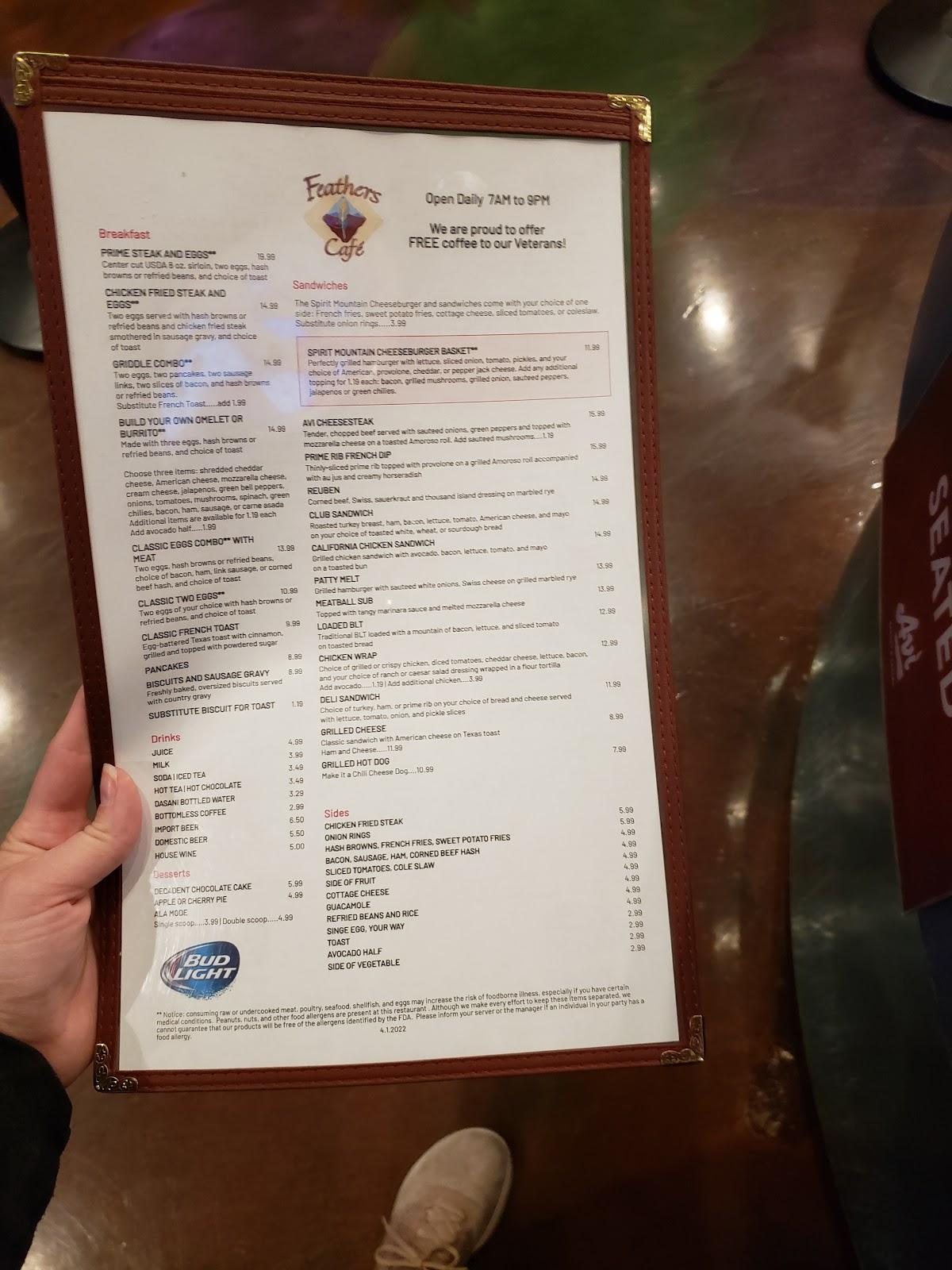 Menu at Feathers Cafe, Laughlin, Aha Macav Pkwy