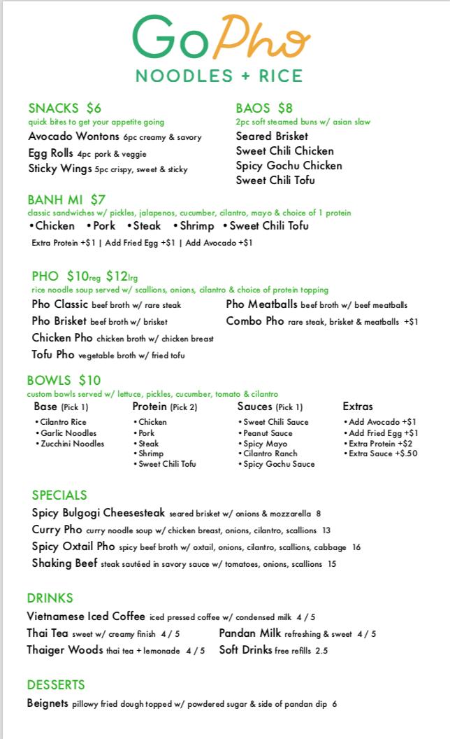 Menu at GoPho restaurant, Davie