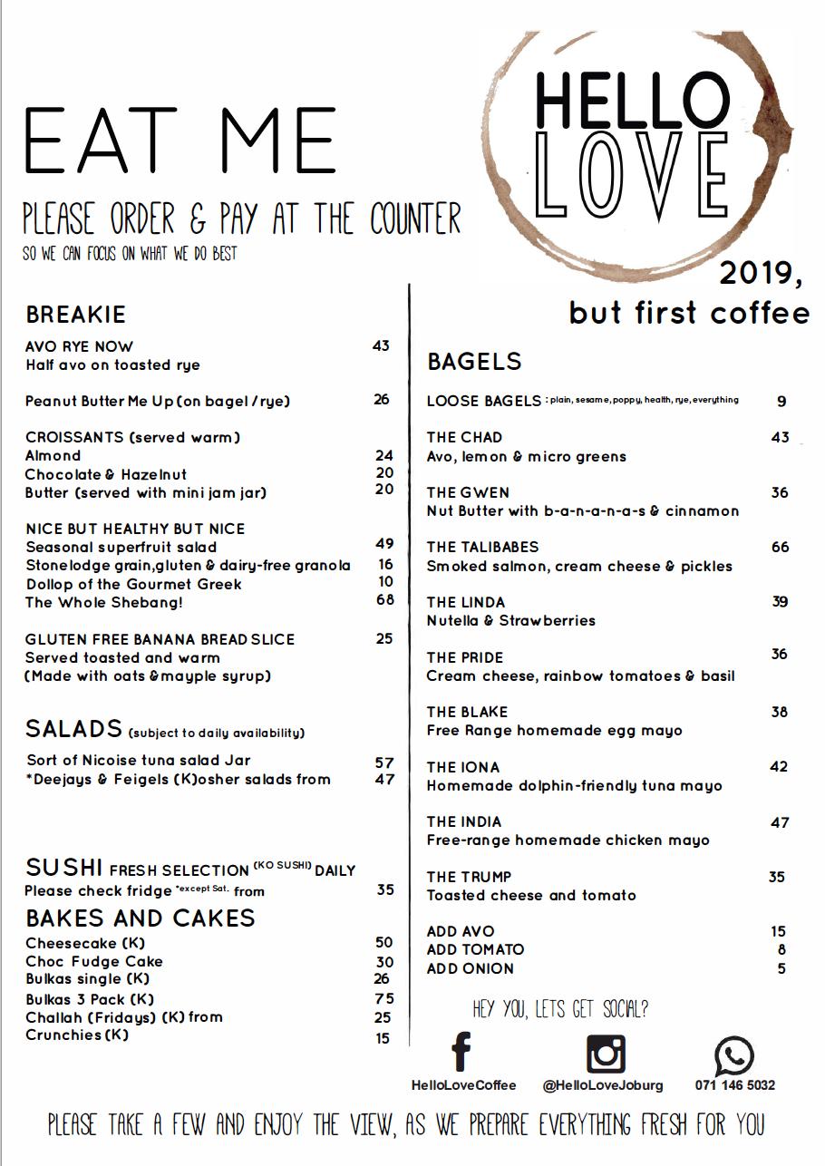 Menu at Hello Love, Johannesburg, Zappion Court