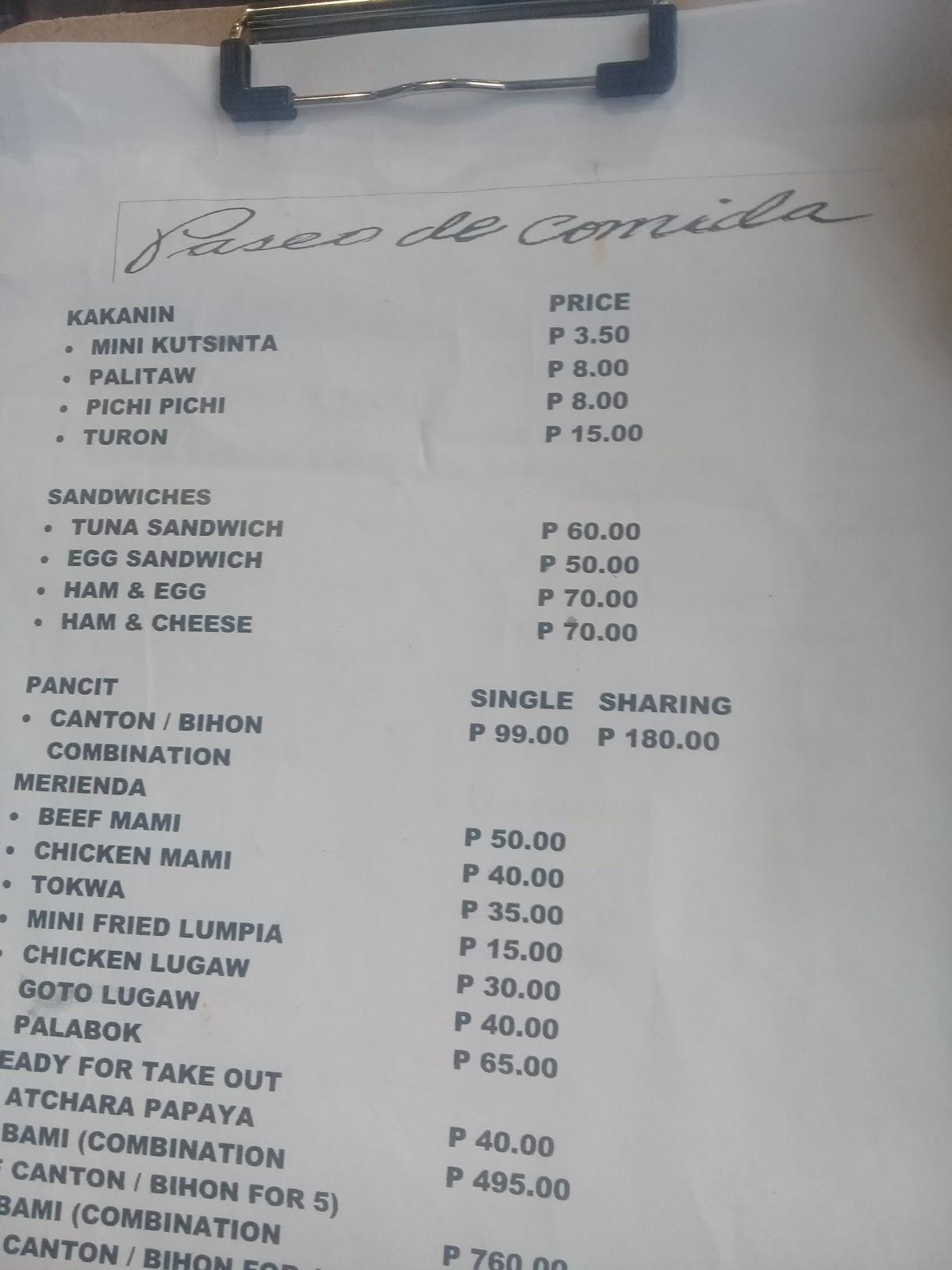 Menu at Paseo De Comida restaurant, Parañaque