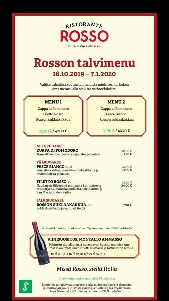 Menu at Rosso Zeppelin restaurant, Finland, Zeppeliinintie